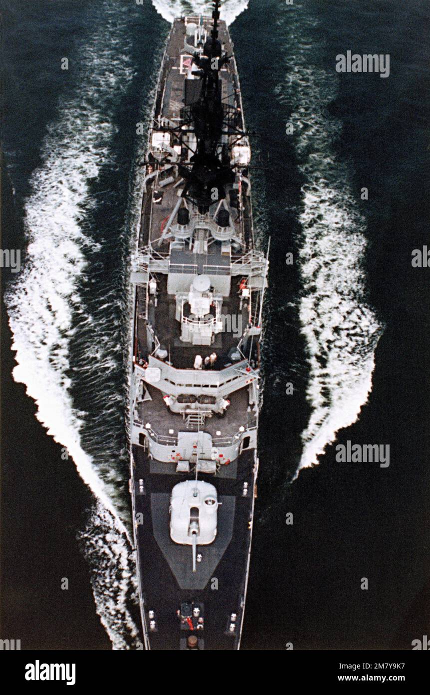 A vertical view of the guided missile destroyer USS RICHARD E. BYRD ...