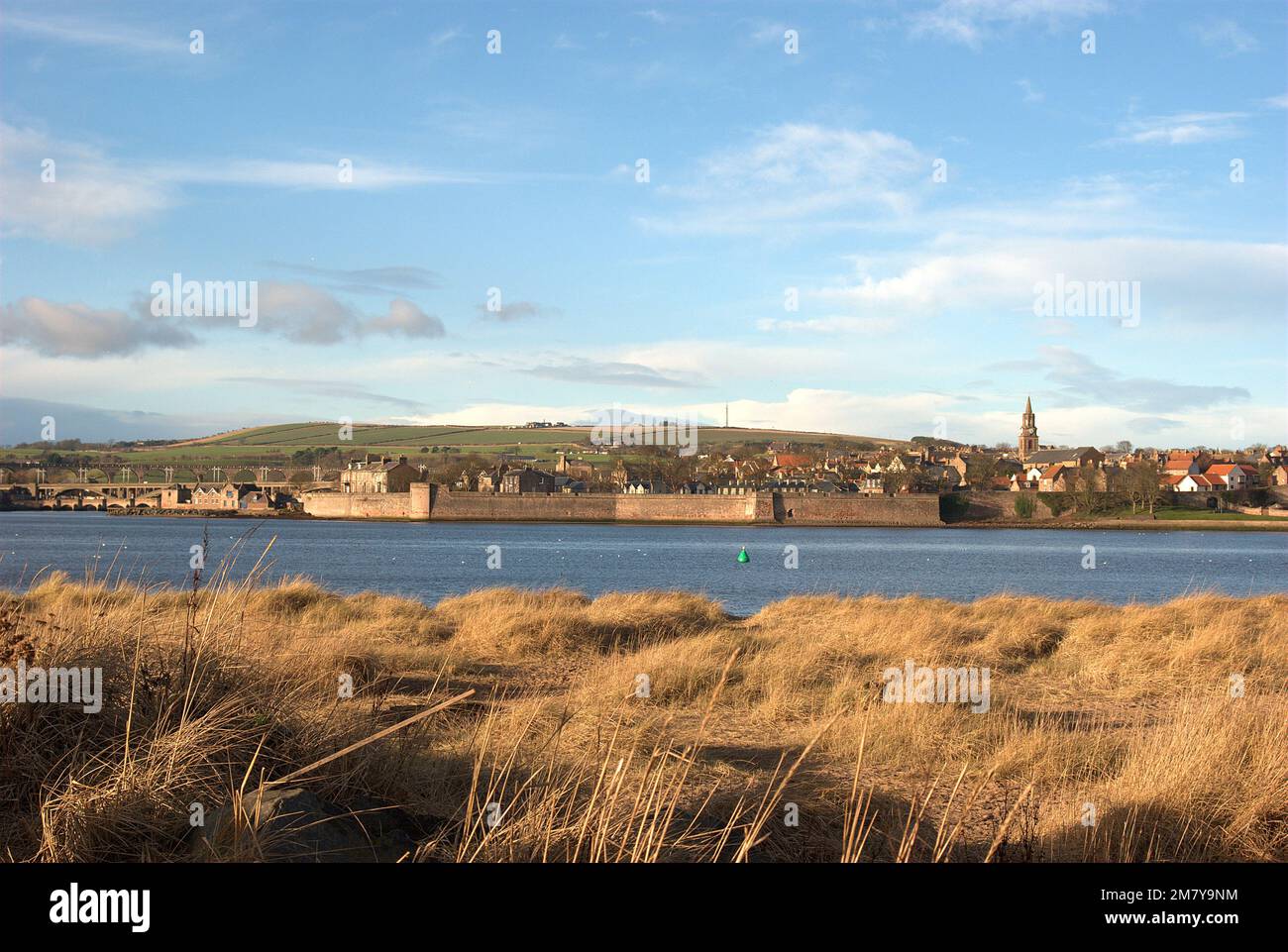 Berwick-upon-Tweed medieval city walls and church spire in January ...