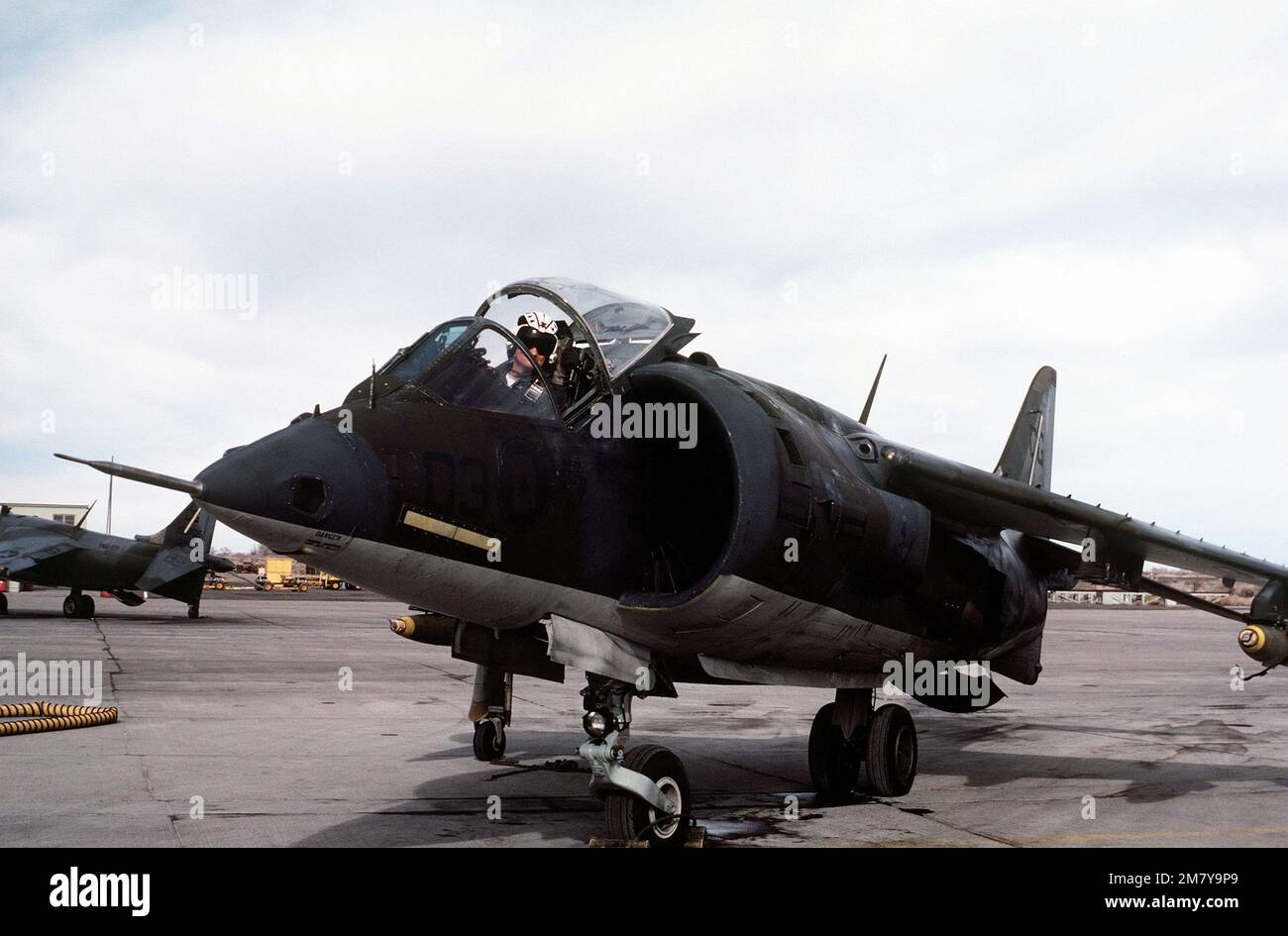 A left front view of an AV-8B Harrier aircraft from Marine Light Attack ...