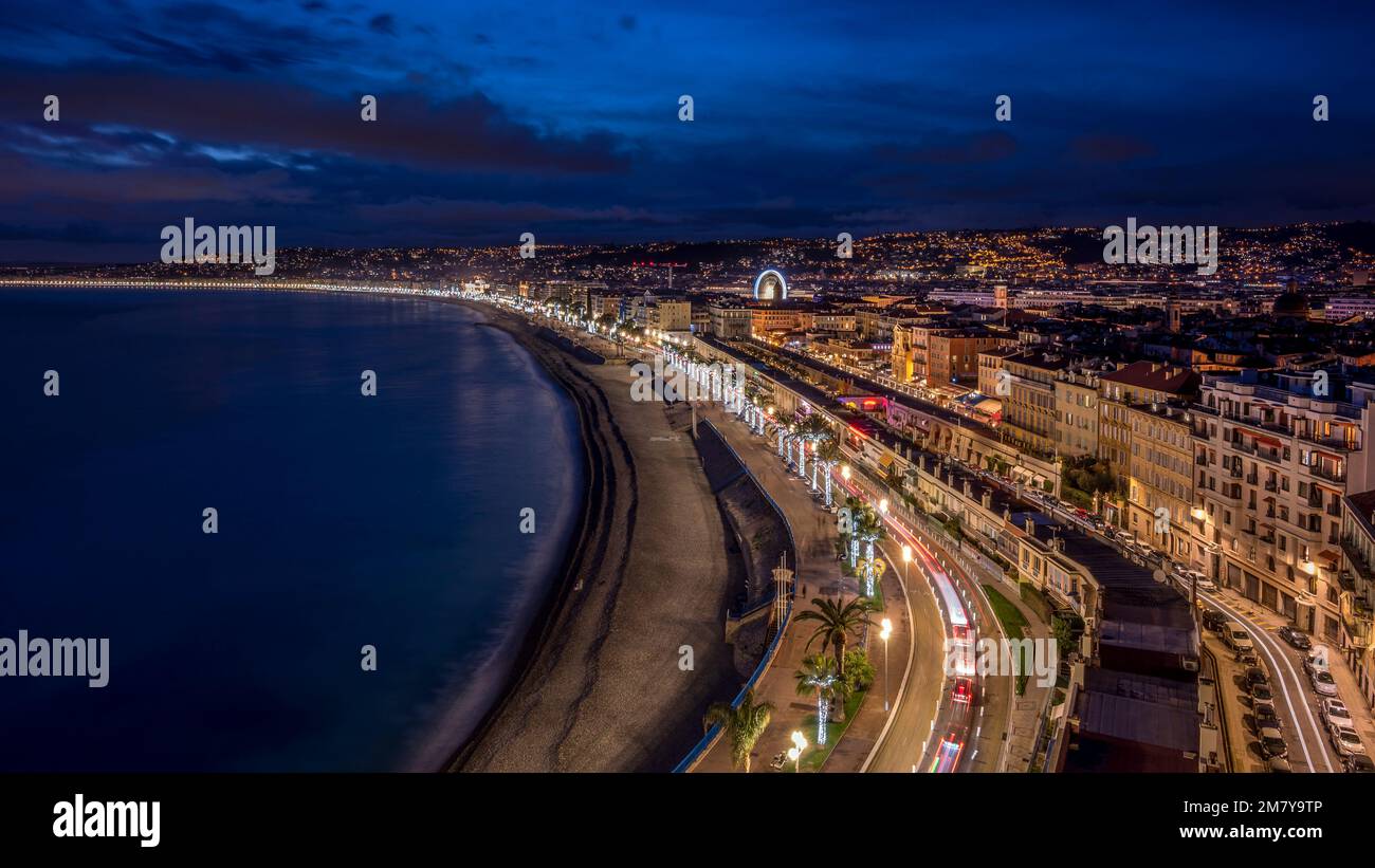Sunset on the Baie des Anges near the port of Nice on the French ...