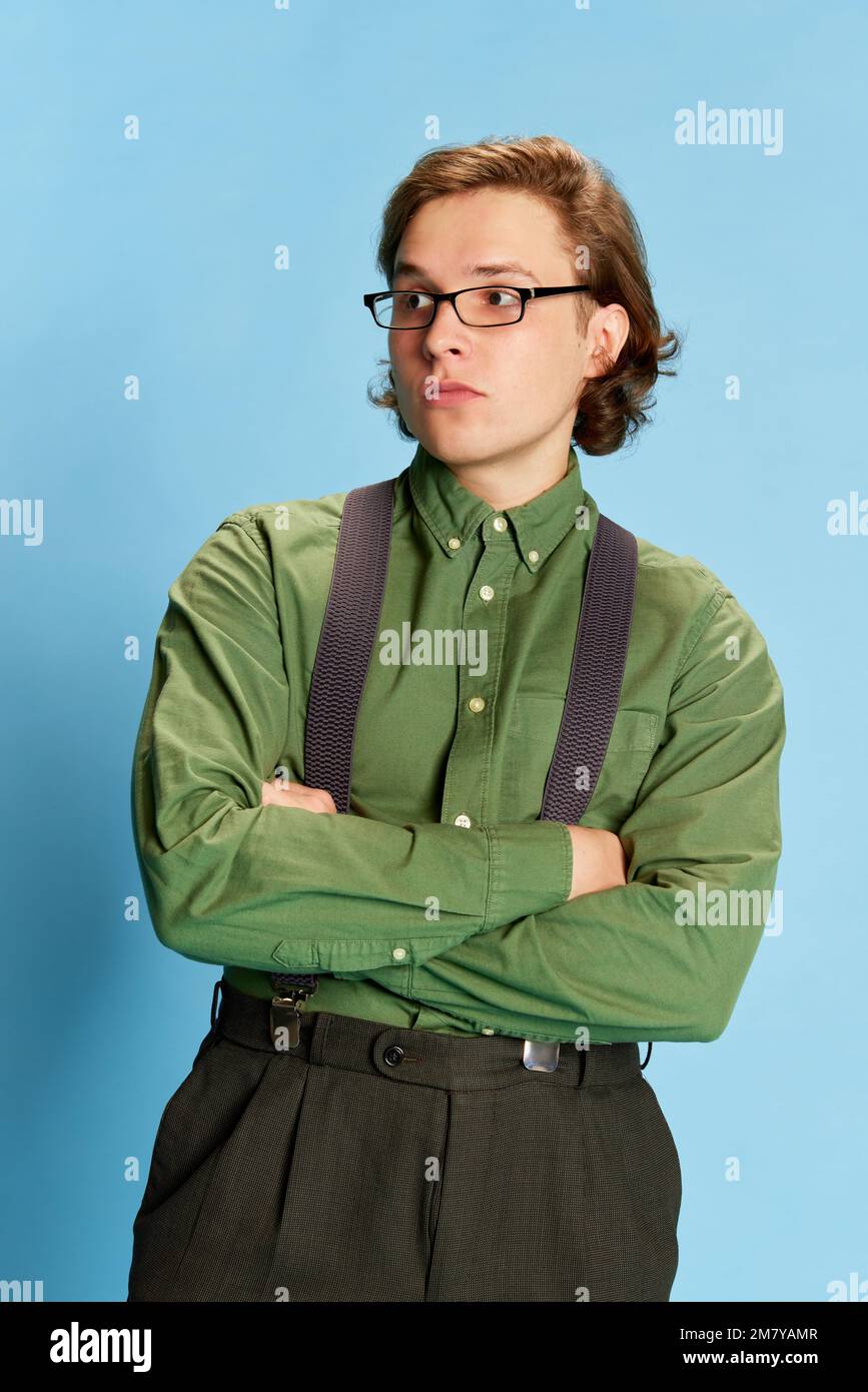 Cute charming young man, student or office clerk in vintage fashion ...