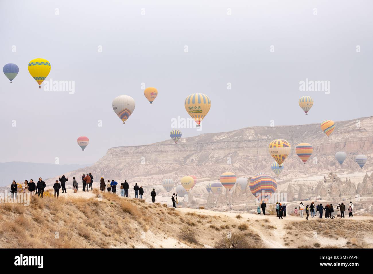 Stunning view some people admiring some hot air balloons flying over ...