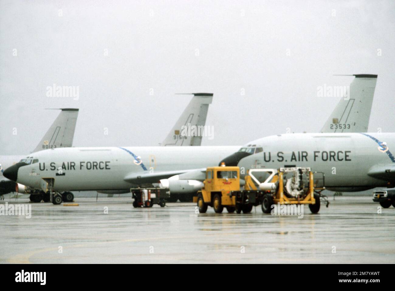 Three KC-135 Stratotanker aircraft from the 379th Bombardment Wing are ...