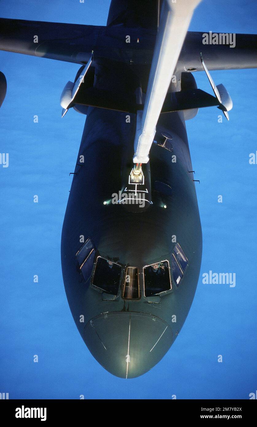 Top view of a C-141B Starlifter aircraft being refueled, as seen from ...