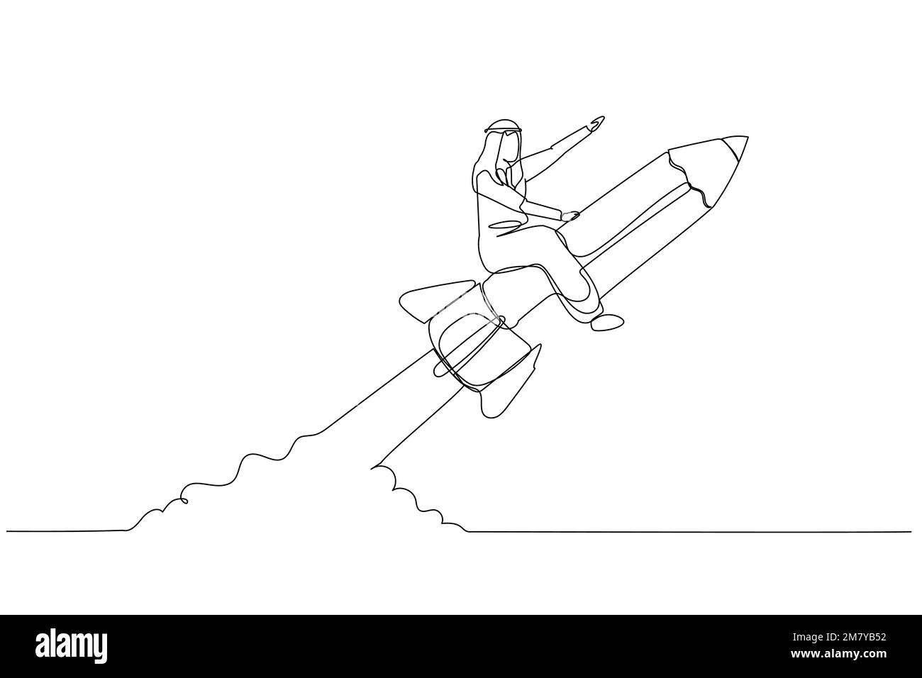 Cartoon of businesswoman riding pencil rocket flying in the sky concept ...