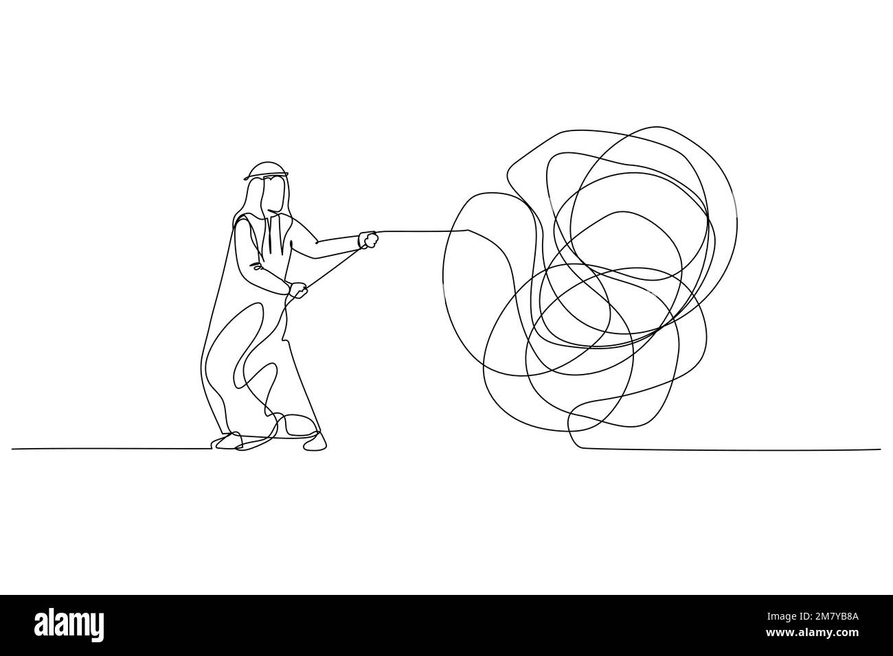 Drawing of arab man try to unraveling tangled rope concept of solution ...