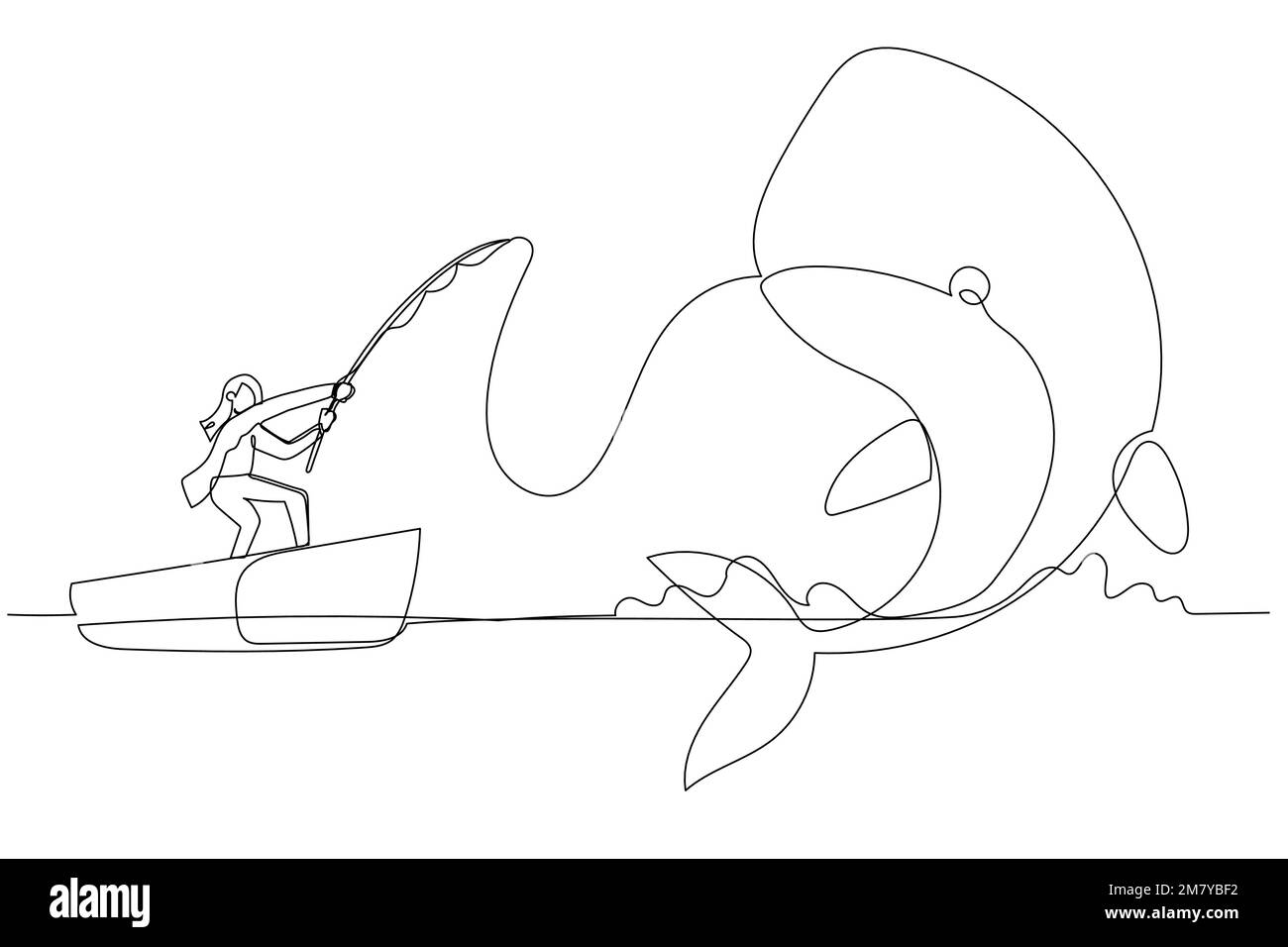 Cartoon of businesswoman get big fish whale concept of catching big ...