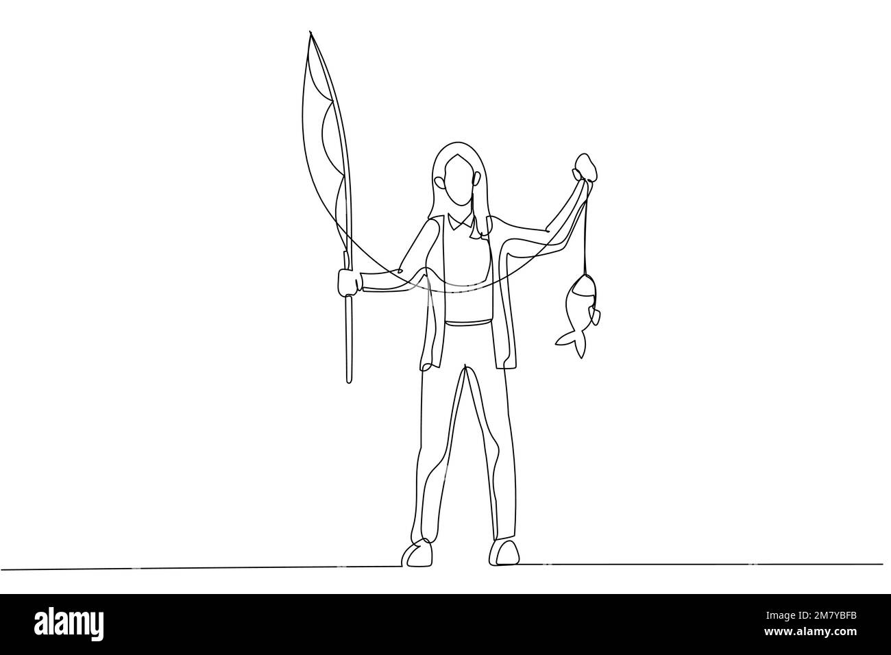 Drawing of businesswoman showing fish concept of success. One line art ...