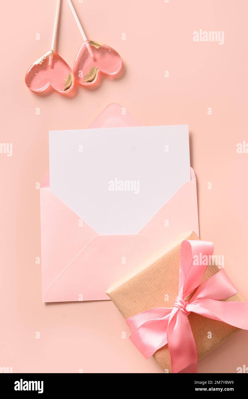 Valentine's card with blank for love letter, pink envelope, gift ...