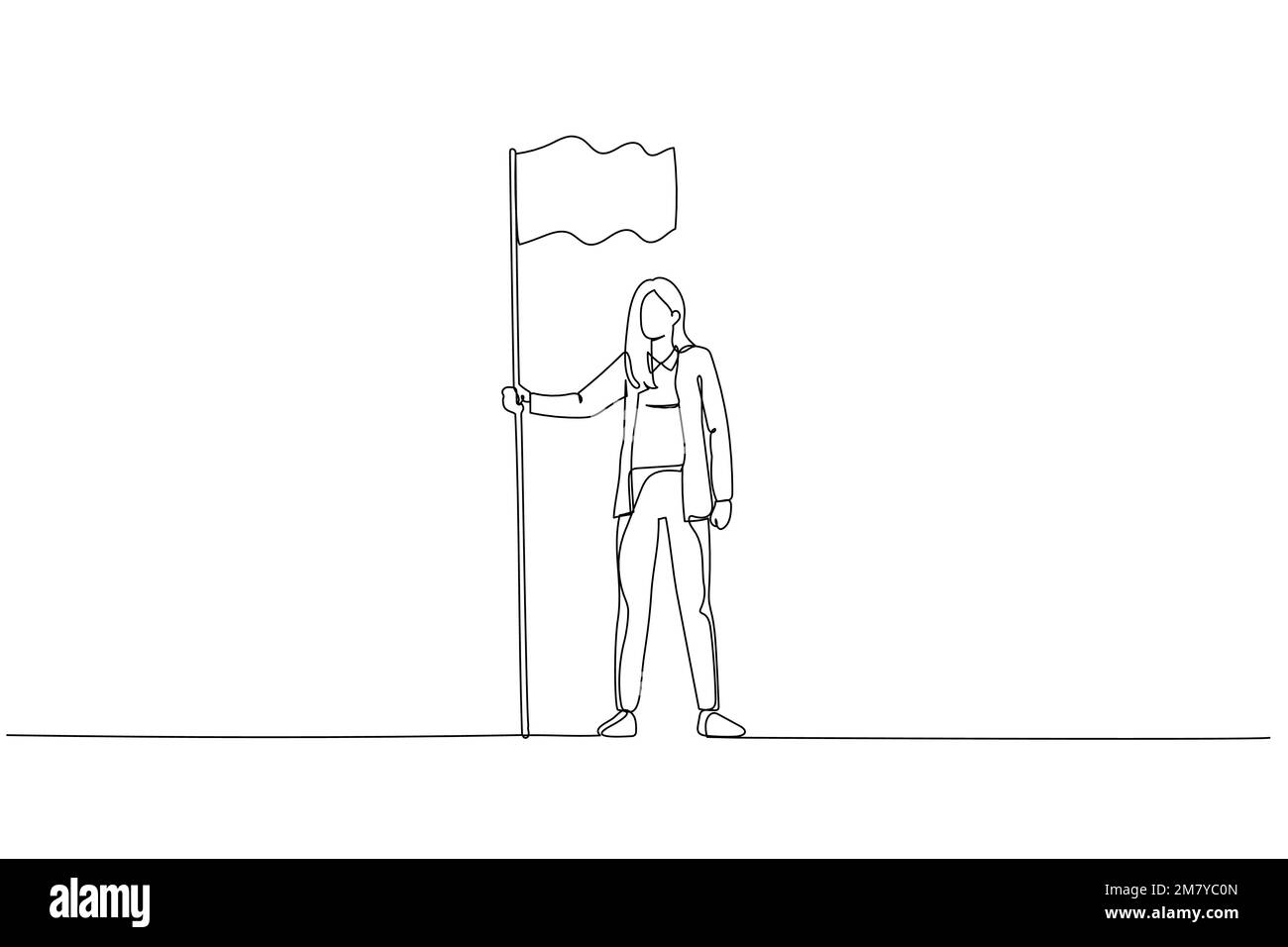Drawing of businesswoman hold flag demonstrate goal achievement showing ...