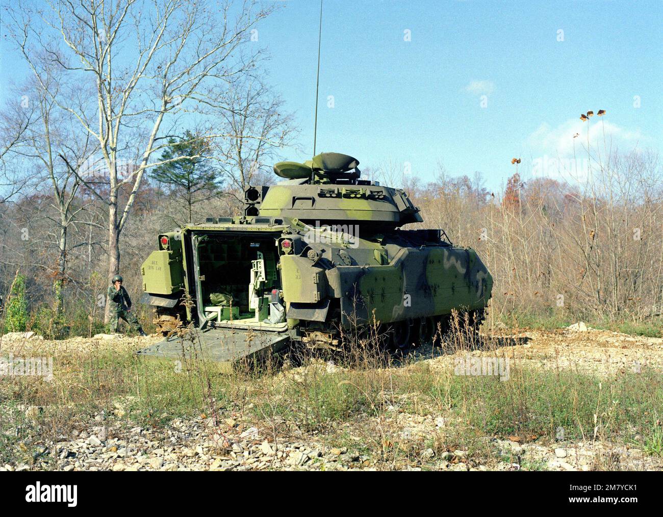 A rear view of an M-3 Bradley Cavalry Fighting Vehicle operated by ...