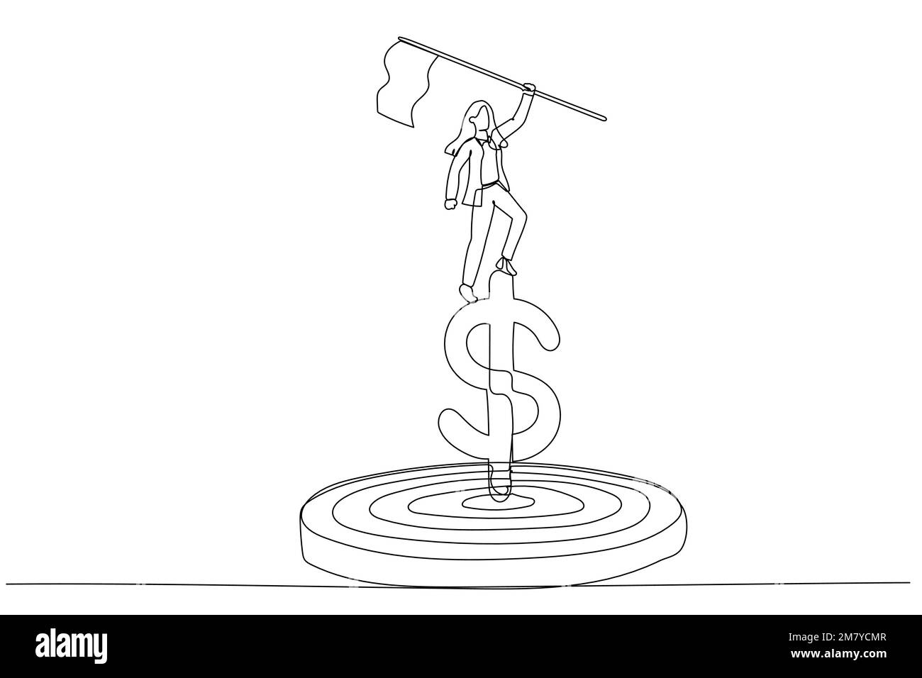 Drawing of businesswoman holding winner flag on top of dollar money ...