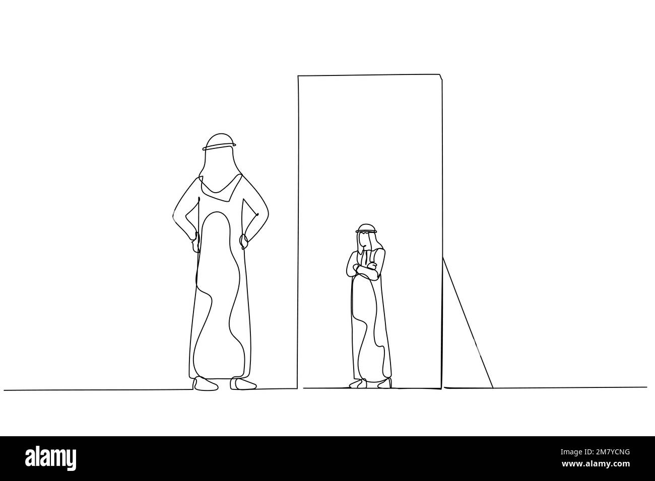 Drawing of arab man looking at the mirror seeing timid mini version of ...