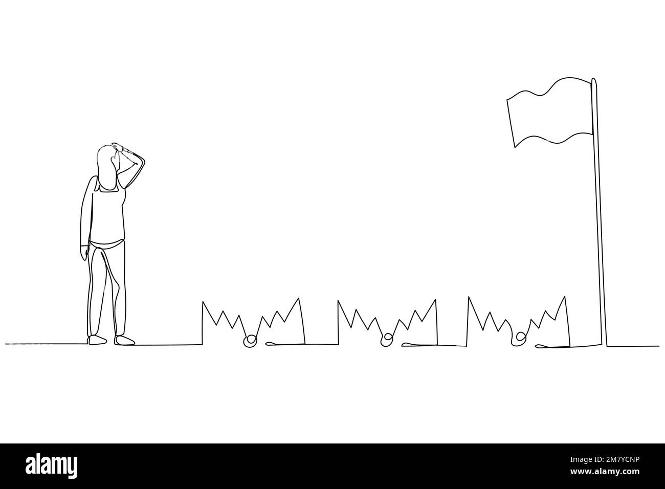 Drawing of businesswoman with trap from dollar bank notes. Single line ...