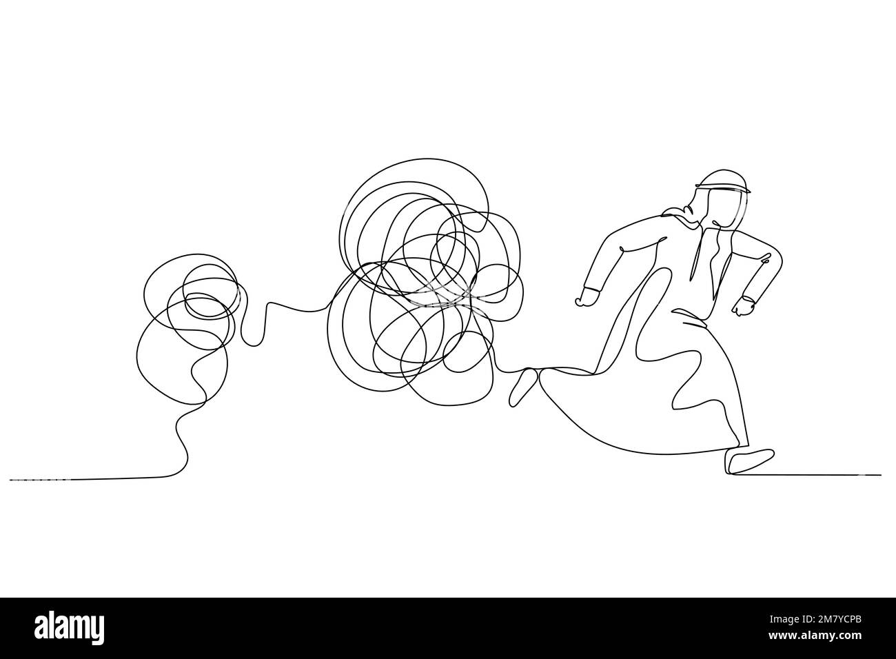 Illustration of arab man running away from tangled line ball concept of ...