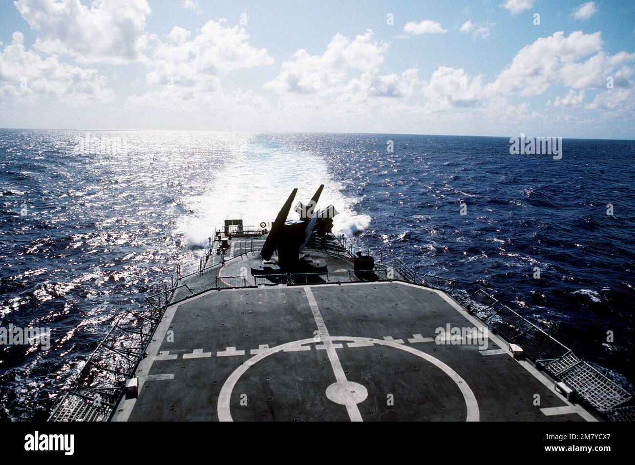 A view from the helicopter deck looking aft at the aft missile launcher ...