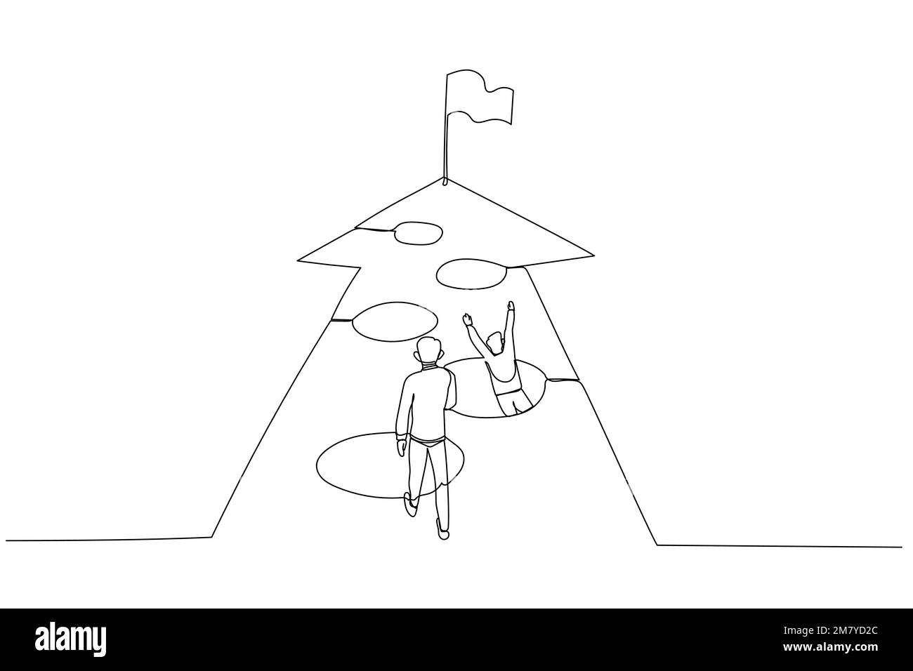 Cartoon of businessman race into success but trap on the way. One line ...