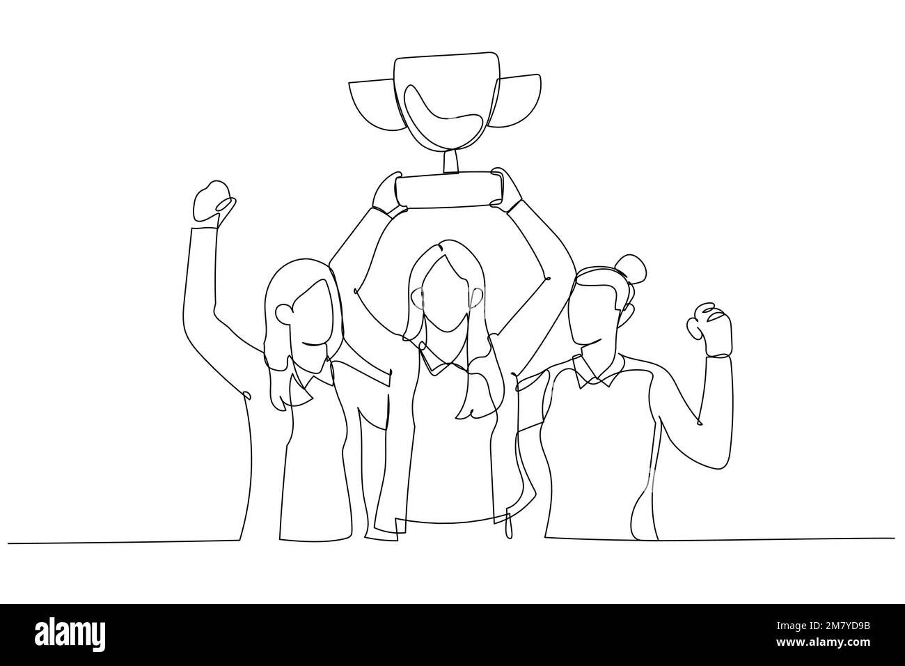 Cartoon of businesswoman standing in medals on necks holding golden trophy concept on teamwork ...