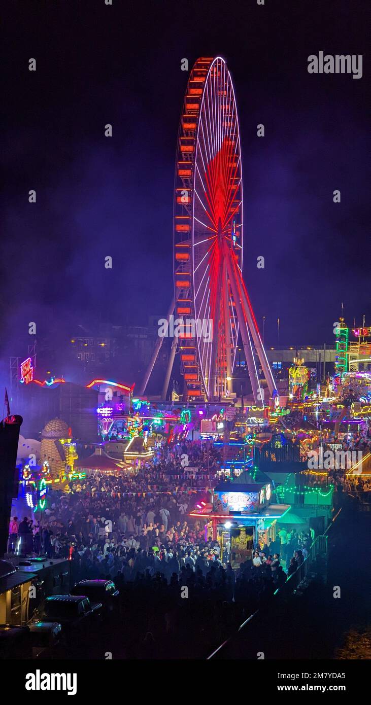 A vertical shot of colorful lights illuminating the rides in an ...