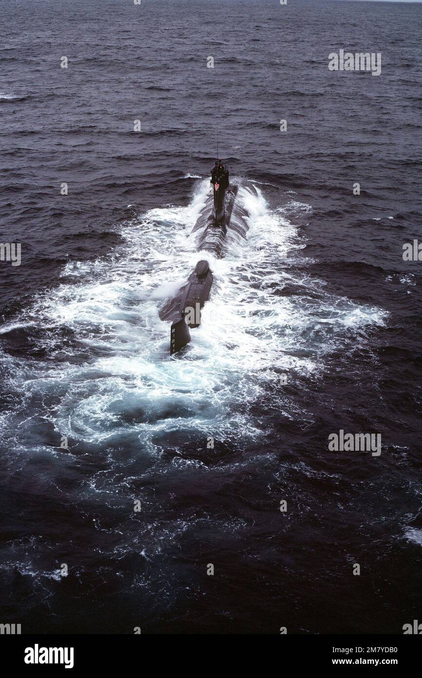 Aerial starboard quarter view of the research submarine USS DOLPHIN ...