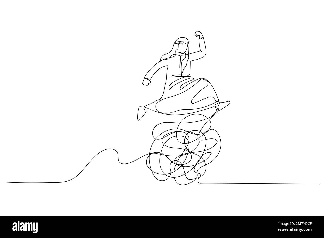 Cartoon of arab man jumping over messy line metaphor of overcoming ...