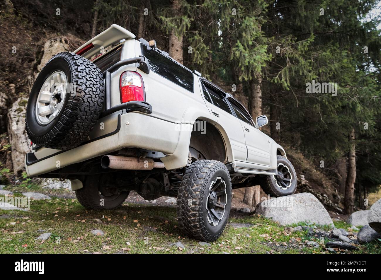 White off-road car in travel on mountain forest, Tuned reinforced ...
