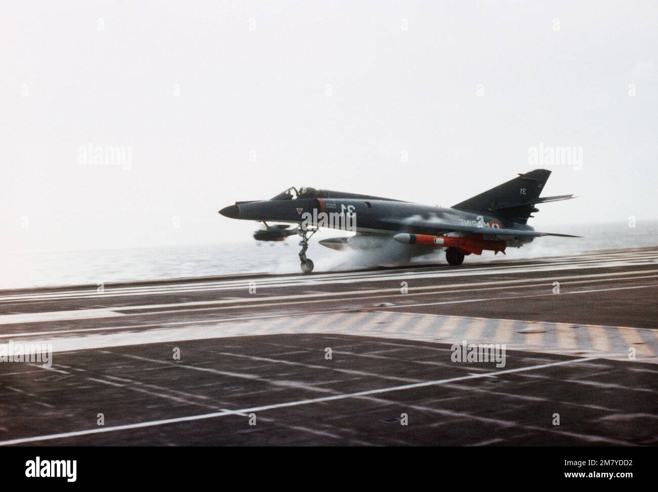 A right front view of a Super Entendard aircraft being launched from ...