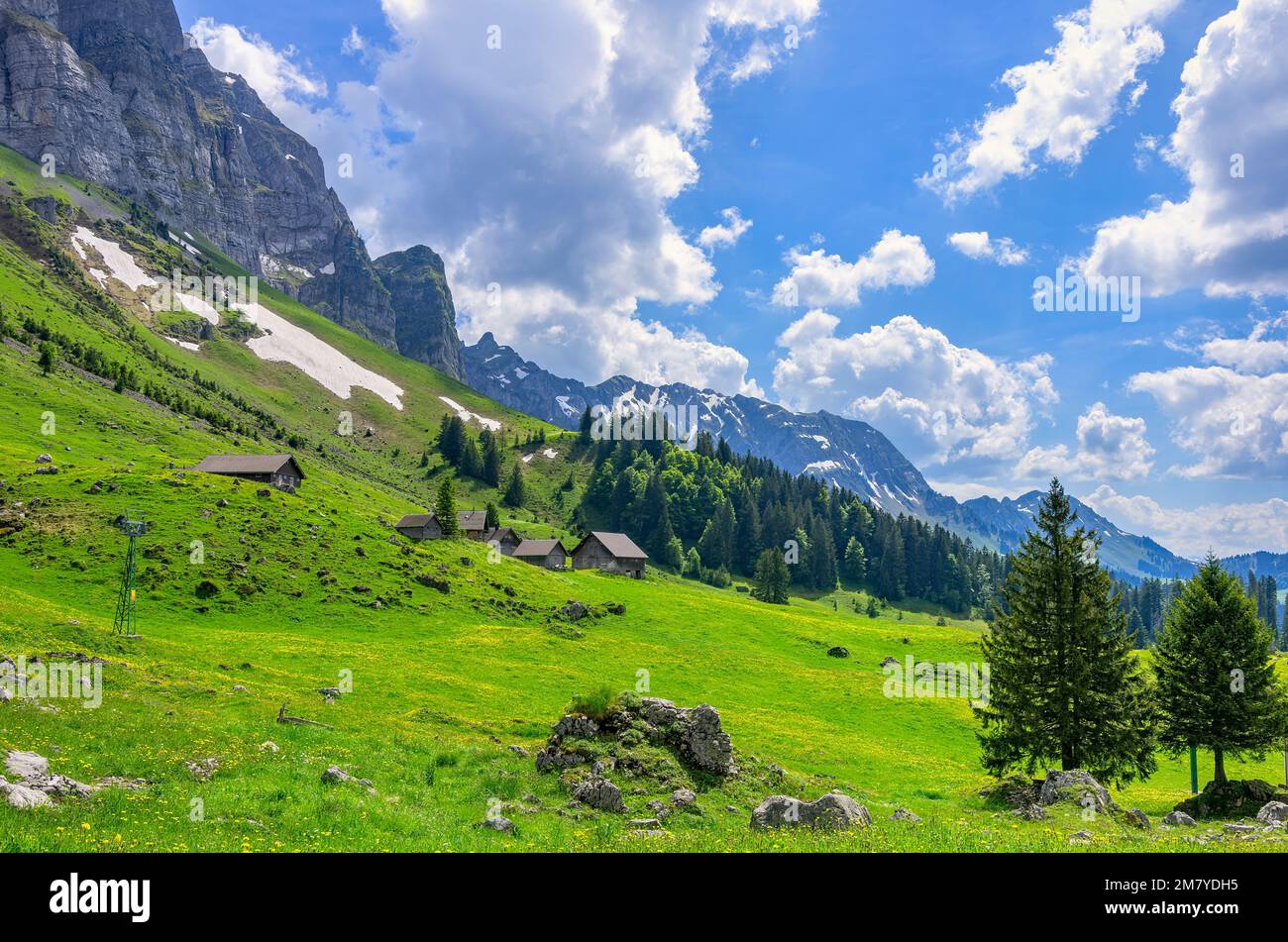 Mountain panorama at the foot of Säntis mountain on the Schwägalp ...
