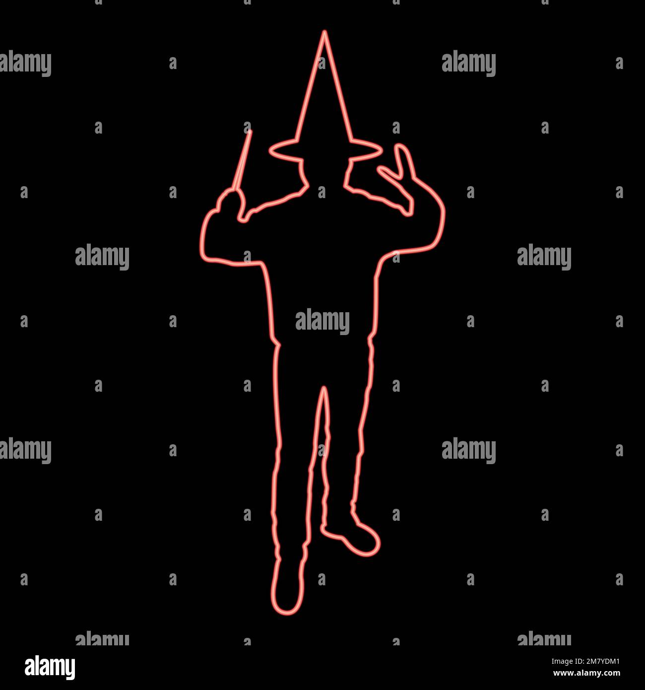 Neon wizard holds magic wand trick Waving Sorcery concept Magician ...