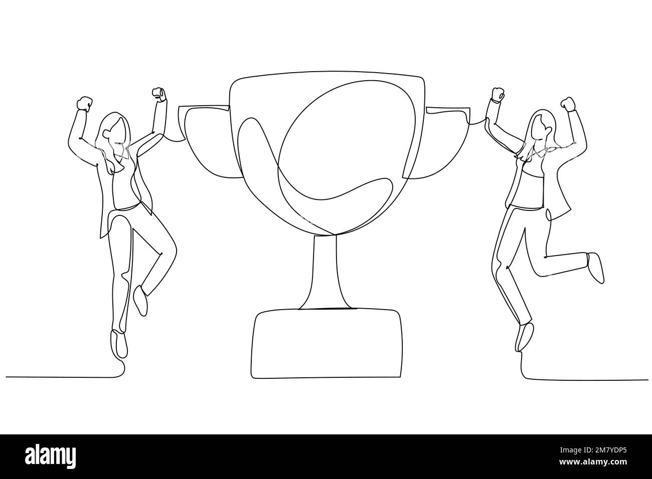 Drawing of businesswoman employee jump in the air with trophy cup ...
