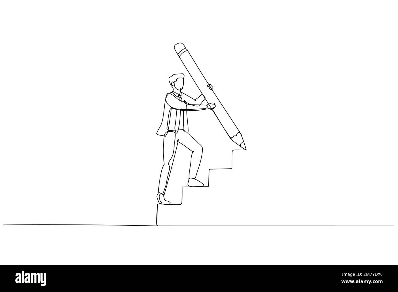 Drawing of businessman use huge pencil draw staircase climbing up ...