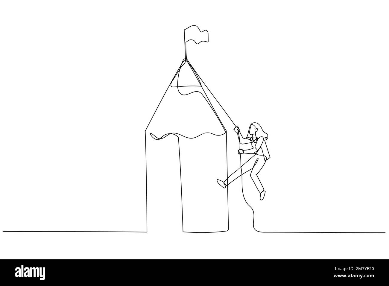 Illustration of businesswoman climbing pencil mountain to reach winning ...