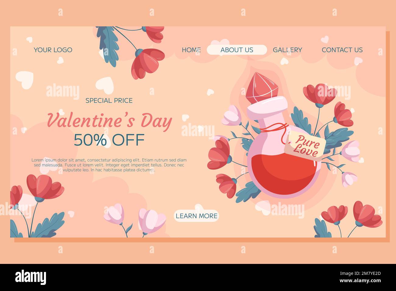 St. Valentine's Day Landing page template design. Love potion bottle ...