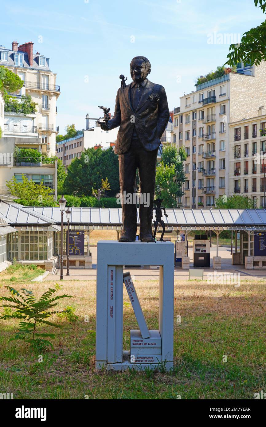 PARIS, FRANCE -29 AUG 2022- View of a statue of writer Rene Goscinny ...