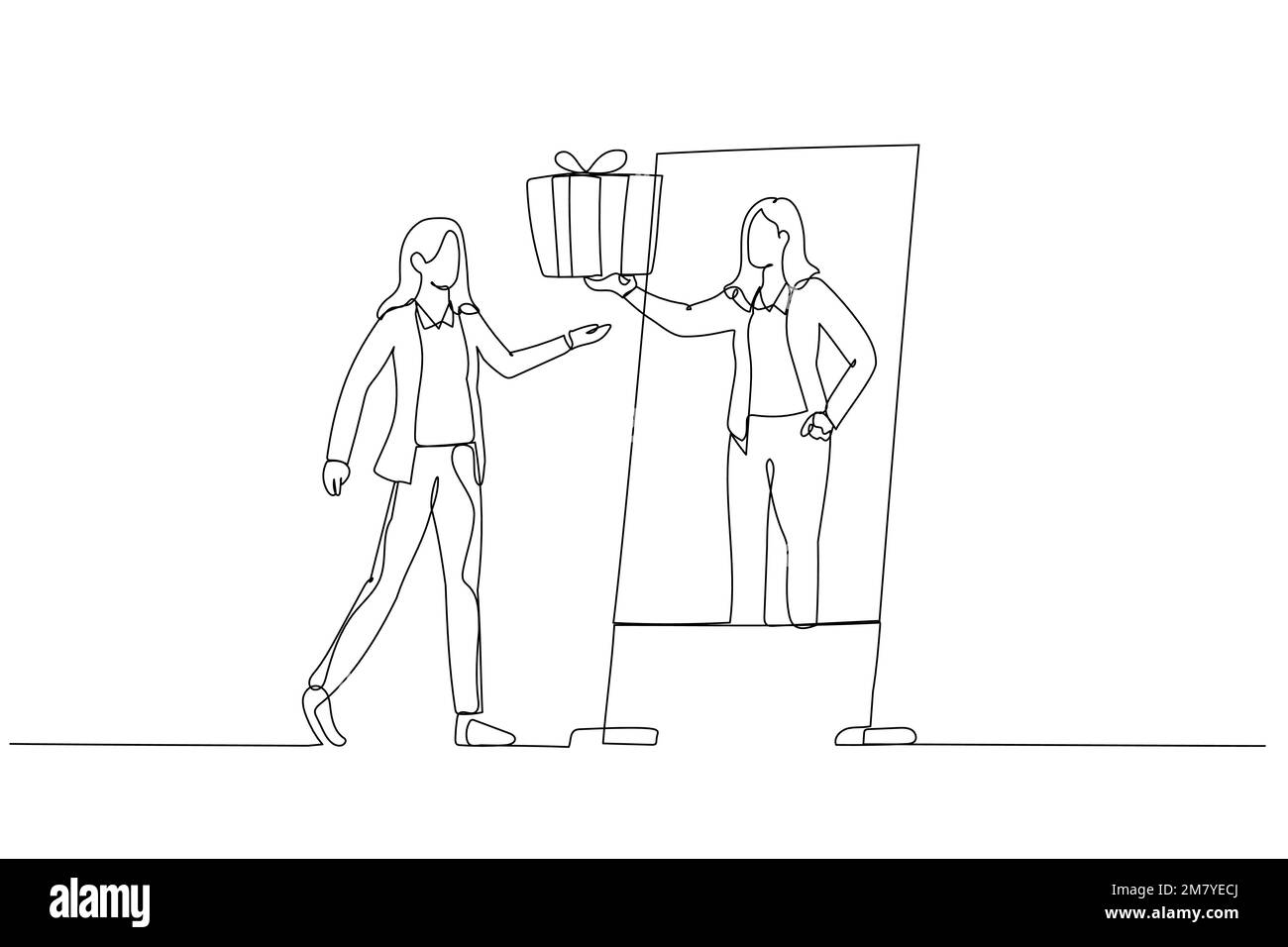 Drawing of business woman giving reward to self when achieving goal ...