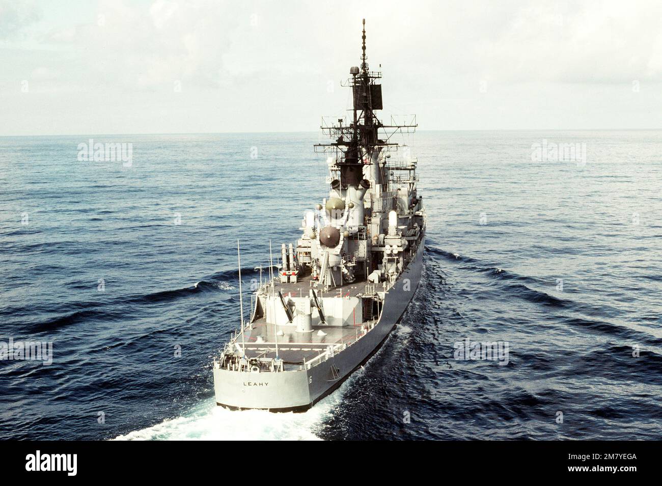 Aerial starboard quarter view of the guided missile cruiser USS LEAHY ...