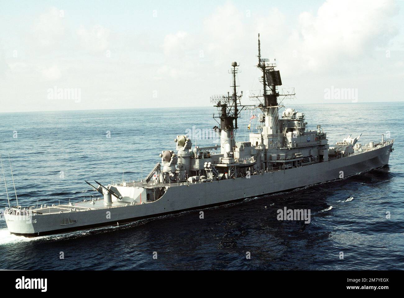 Aerial starboard quarter view of the guided missile cruiser USS LEAHY ...