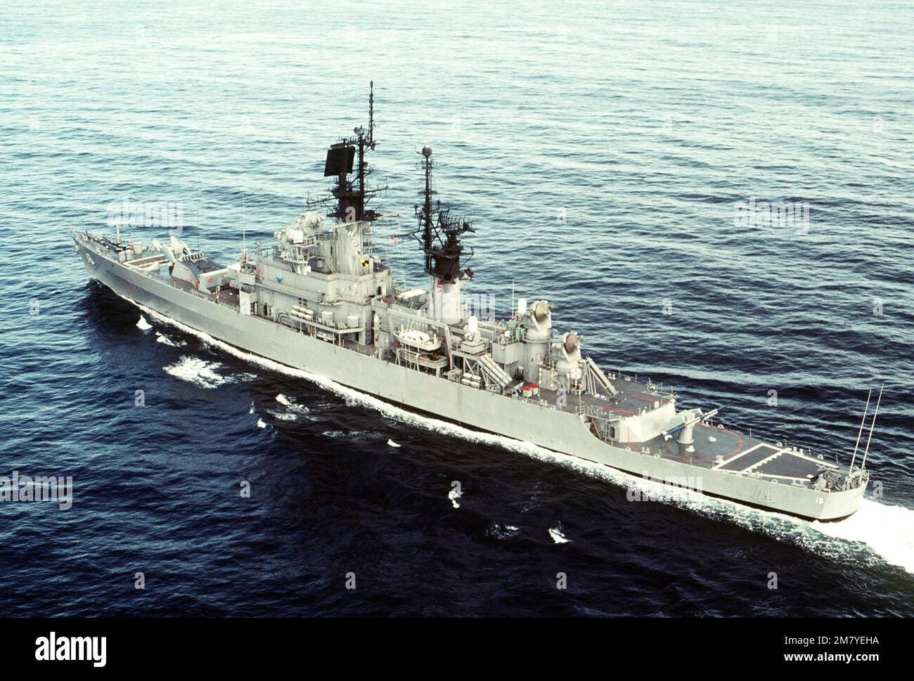 Aerial port quarter view of the guided missile cruiser USS LEAHY (CG 16 ...