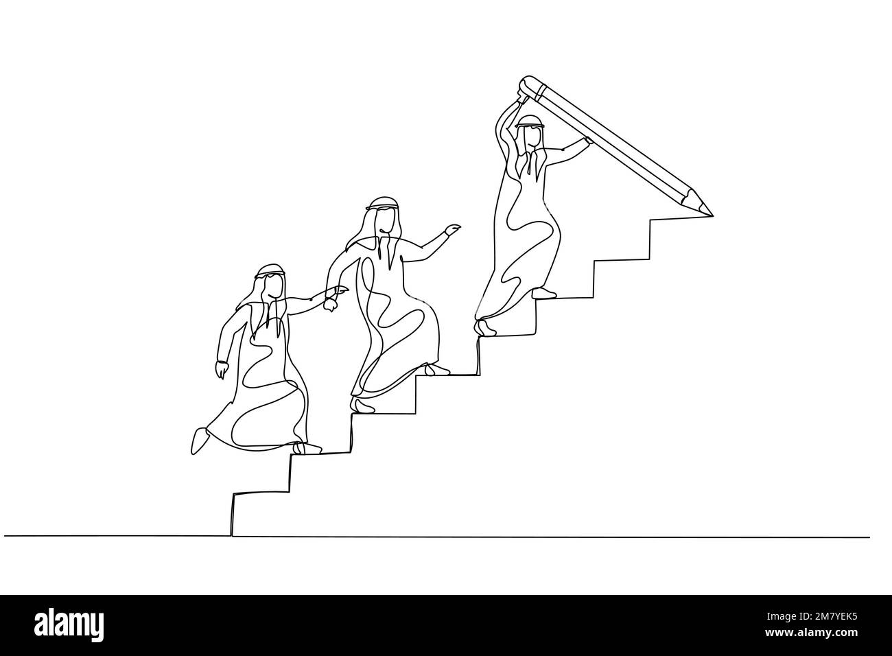 Drawing of businesswoman draw stair with pencil to lead team walk up ...