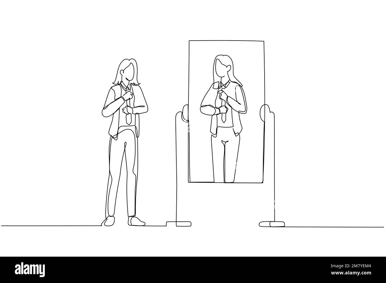 Drawing of business woman getting ready to work looking into mirror ...