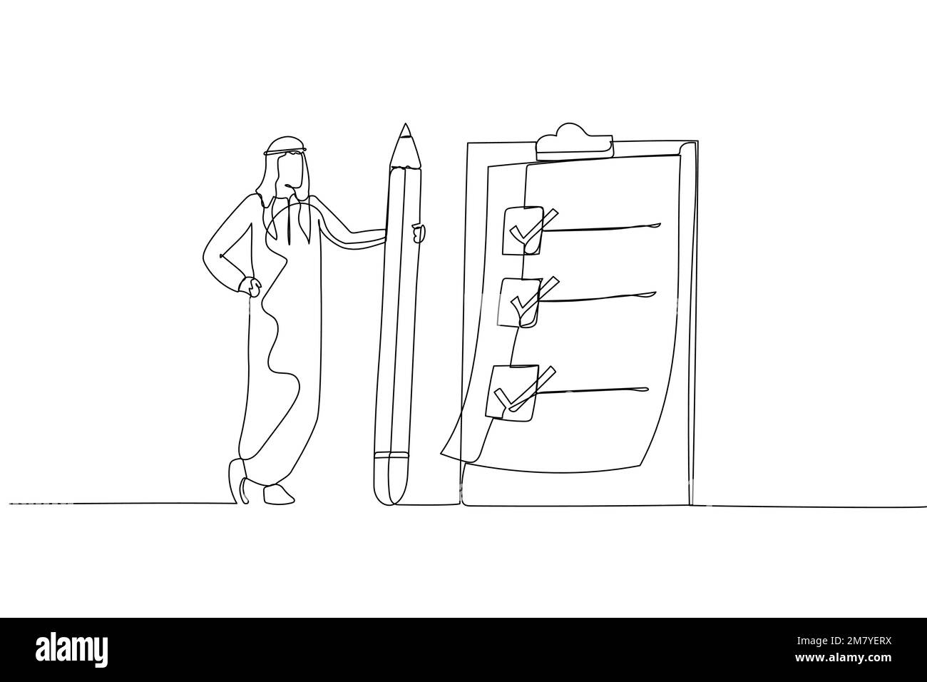 Illustration of businesswoman holding pencil at questionnaire checklist ...