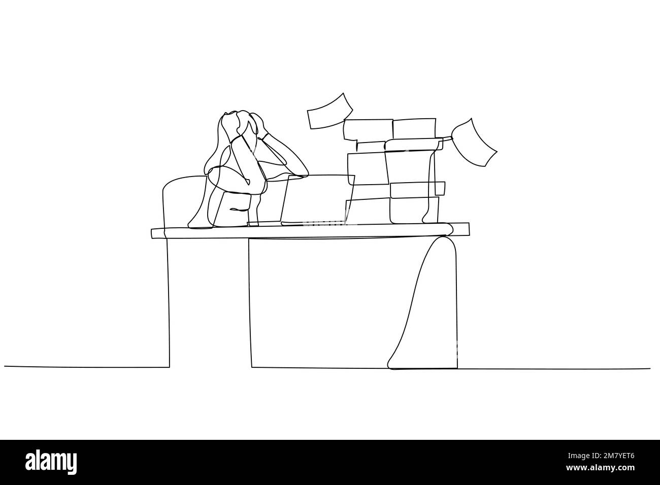 Drawing of businesswoman frustated sitting on office busy desk concept ...