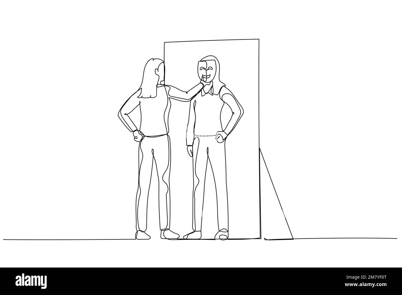 Illustration of business woman putting mask into self reflection ...