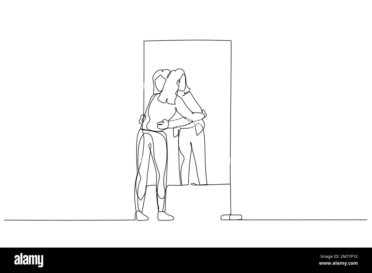 Cartoon of business woman hugging own reflection on the mirror concept ...