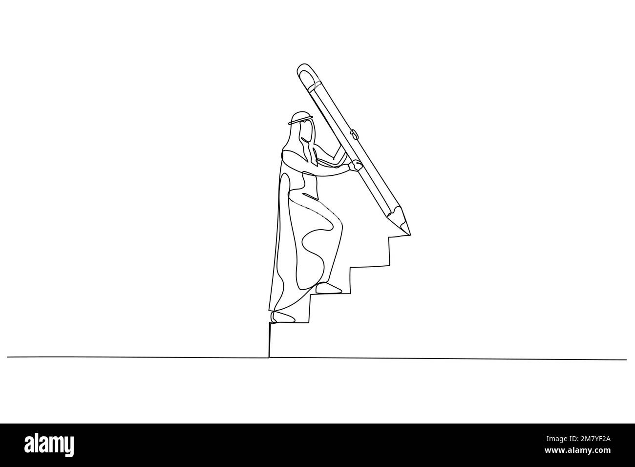 Cartoon of businesswoman use huge pencil draw staircase climbing up ...