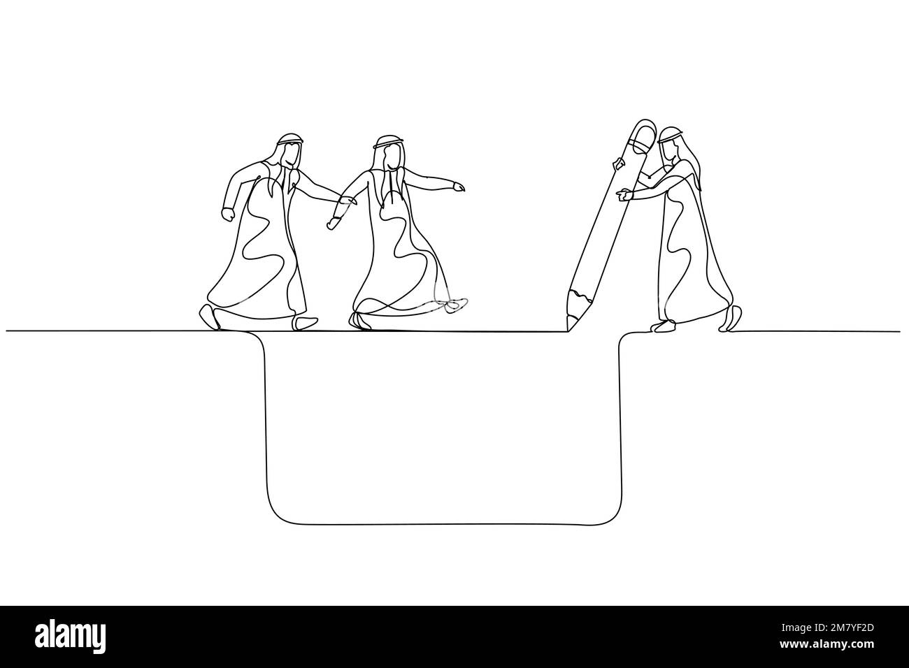 Drawing of businesswoman manager draw bridge help team cross cliff ...