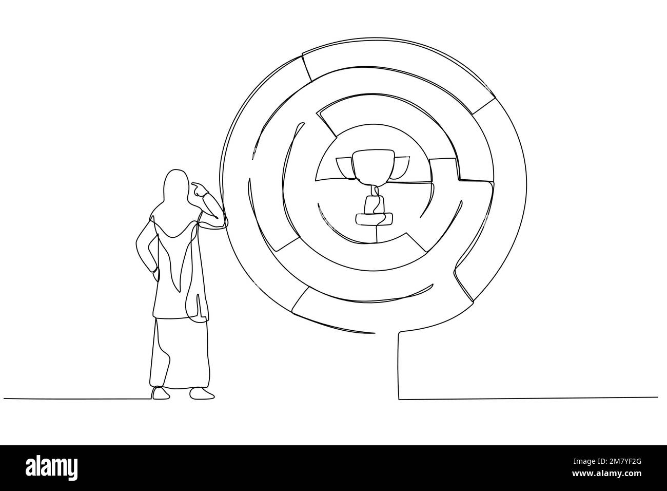 Drawing of muslim businesswoman finding the way in labyrinth to reach ...