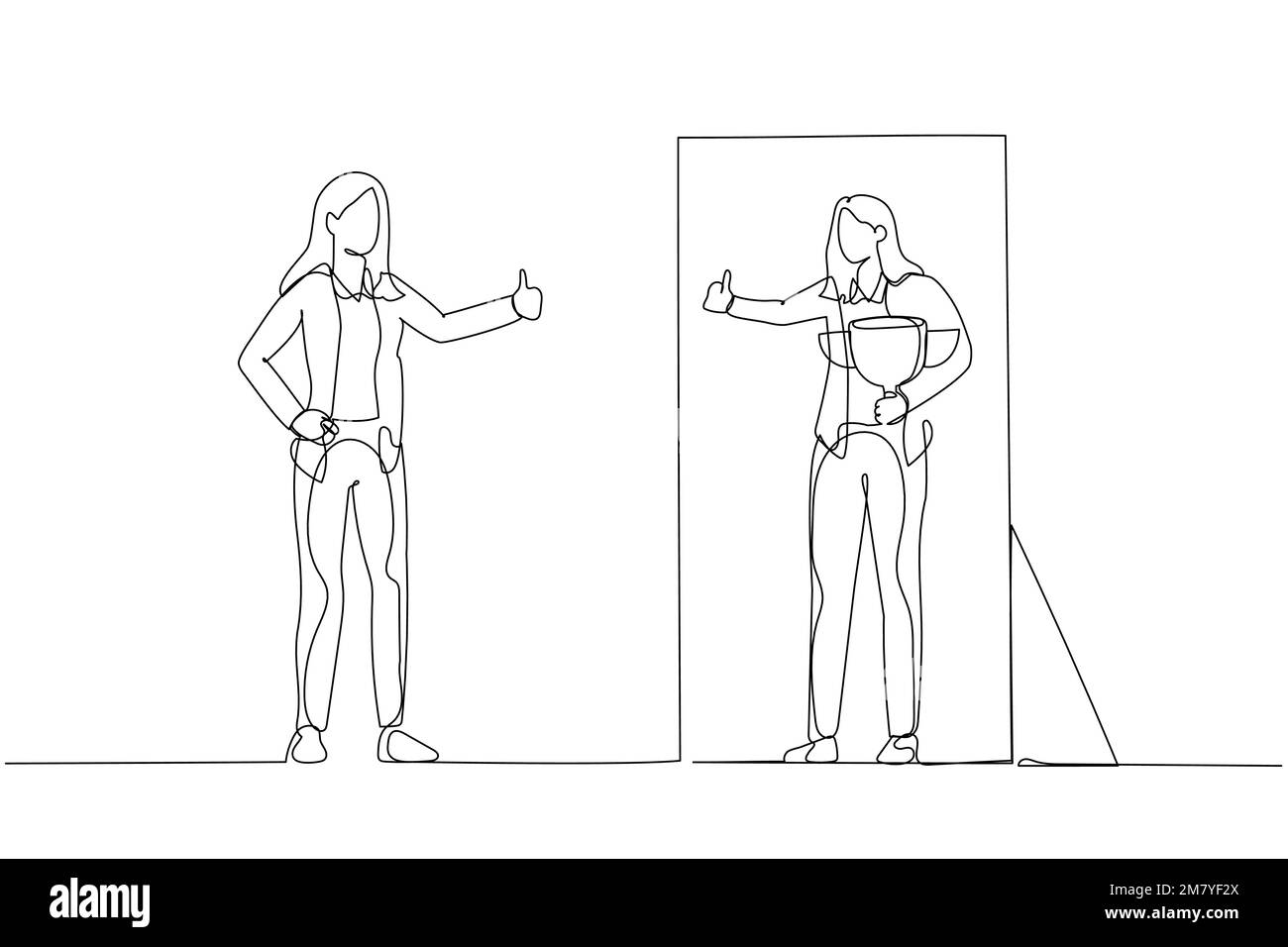 Cartoon of business woman looking into mirror self giving thumb up ...