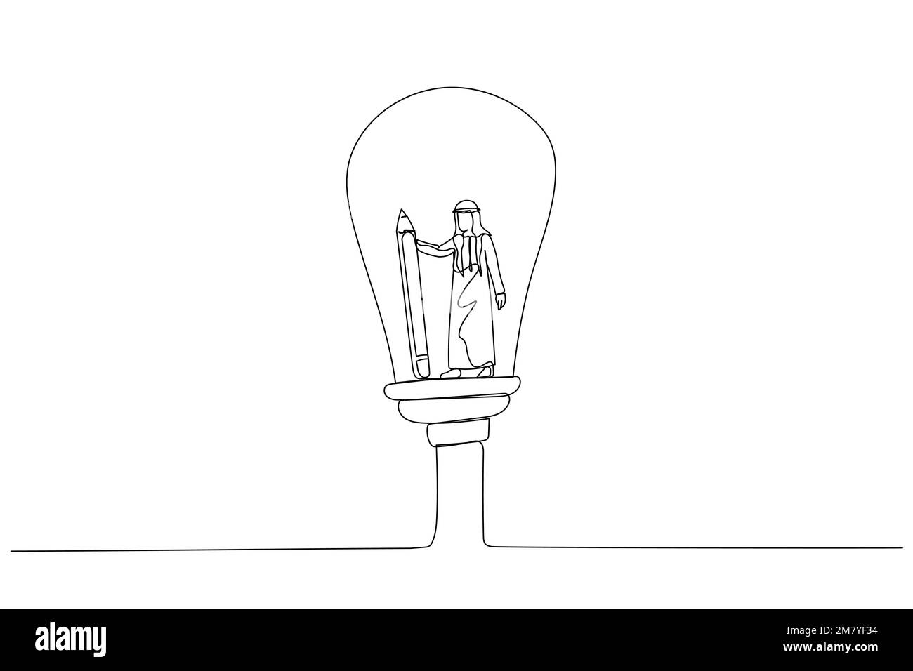 Drawing of businesswoman holding pencil think inside idea on lightbulb ...