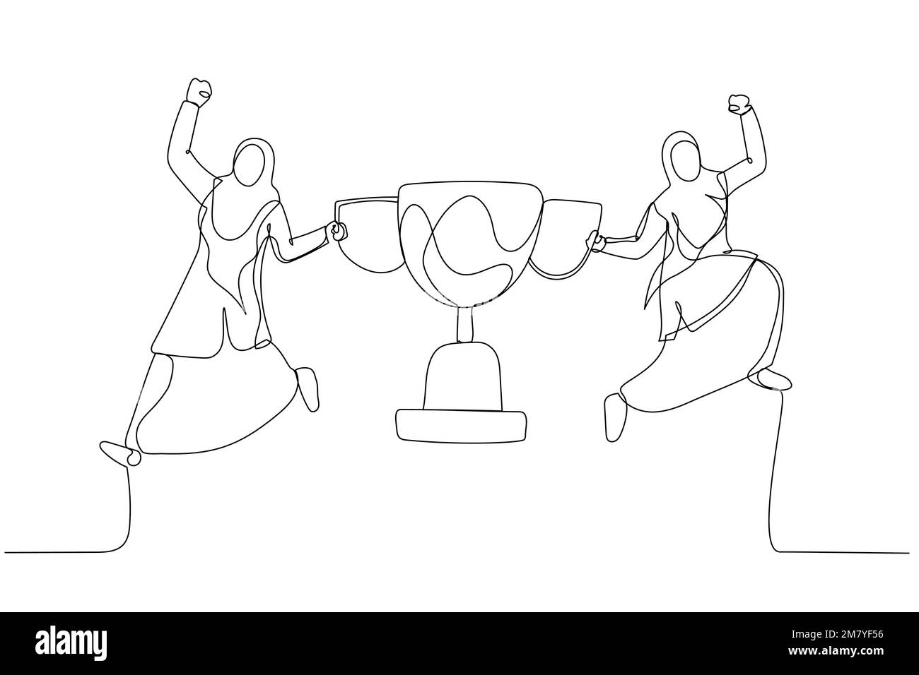 Drawing of muslim businesswoman partner celebrate winning victory ...